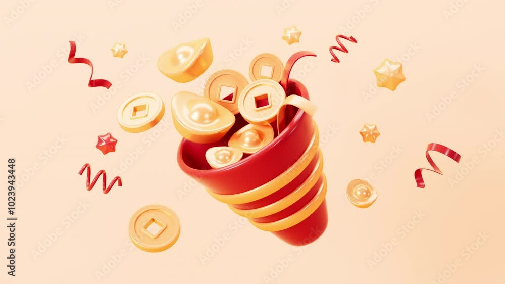 Gold coins and gold ingots in the red cone, Chinese lucky bag, Chinese ...