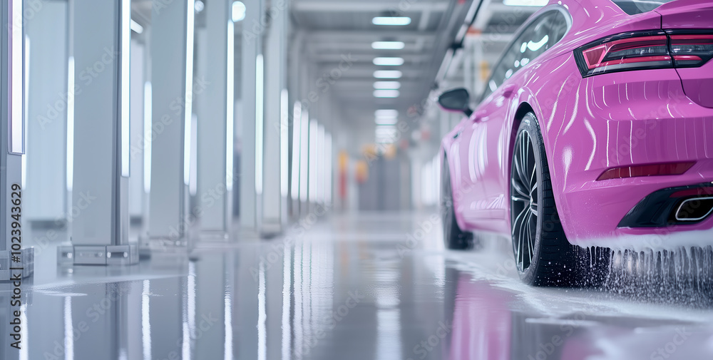 Car wash. Pink sport car in soap foam. Horizontal banner. Space for ...