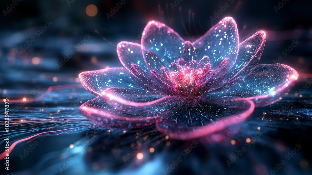 A massive flower blooming in a virtual grid, its petals made of glass ...