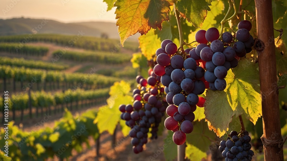 Clusters of red grapes growing on a grape vine with a vineyard golden ...