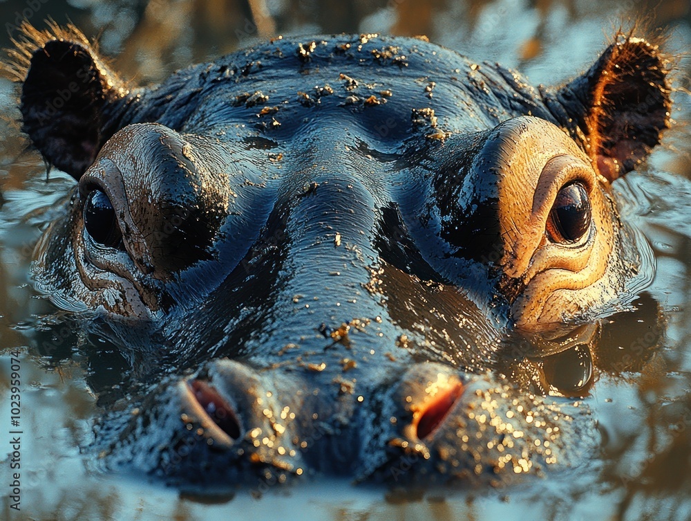 A close-up of a hippopotamus's face as it emerges from the water. The ...