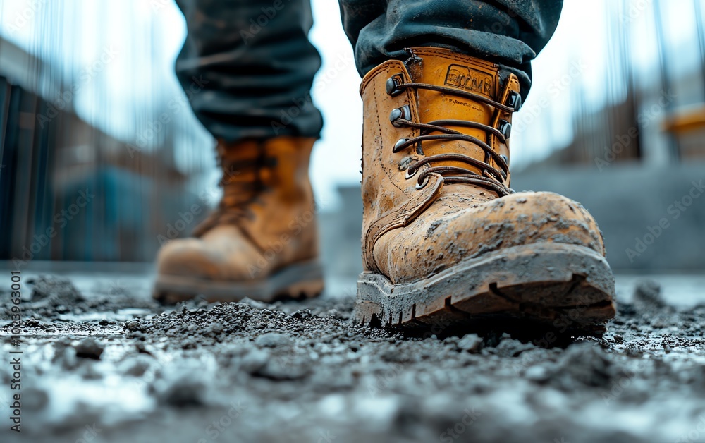 Legs of a construction worker in action, working on a building site ...