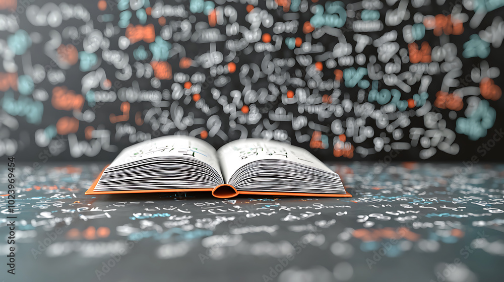 open book rests on chalkboard filled with colorful mathematical ...