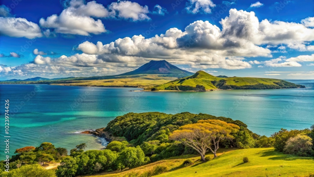 A captivating view from Motuihe Island showcases the Hauraki Gulf, with ...