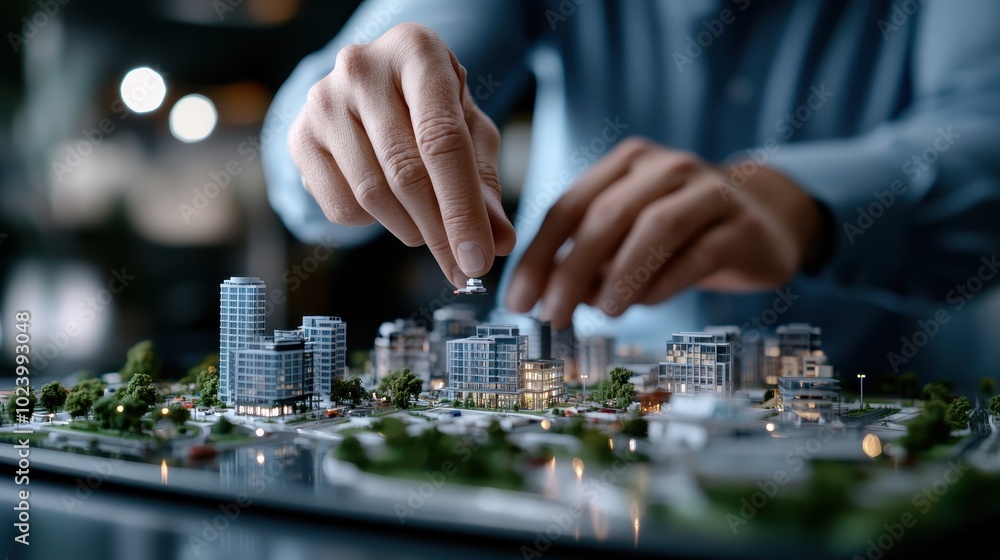 Hands meticulously place buildings in a detailed model city layout ...