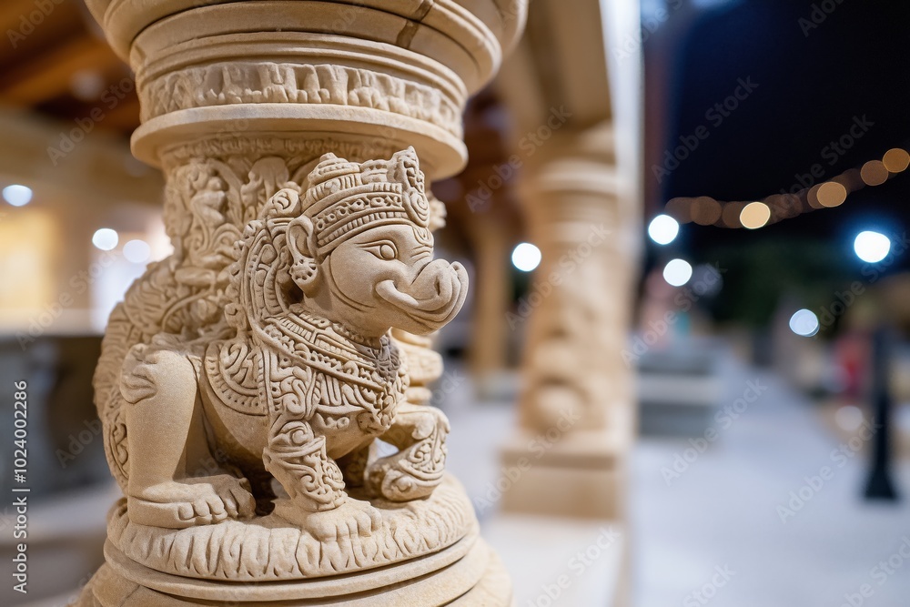 Intricate Stone Carving of Mythical Creature Adorns Temple Pillar at ...