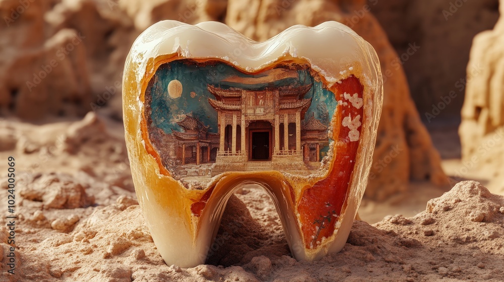 A sci-fi work showing the cross-section of a molar tooth transformed ...