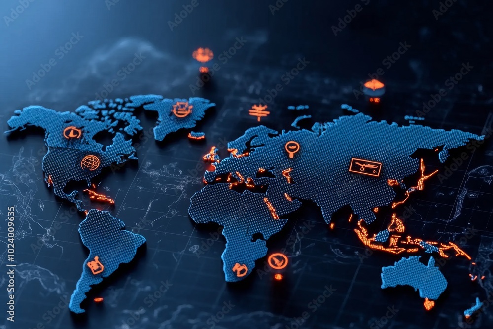 A minimalist map of global military bases, marked with simple icons for ...
