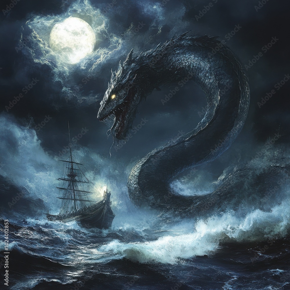 Sea Serpent's Fury: A massive, serpentine creature emerges from the ...