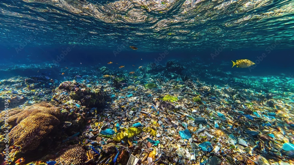 Underwater scene revealing plastic pollution among coral reefs and ...