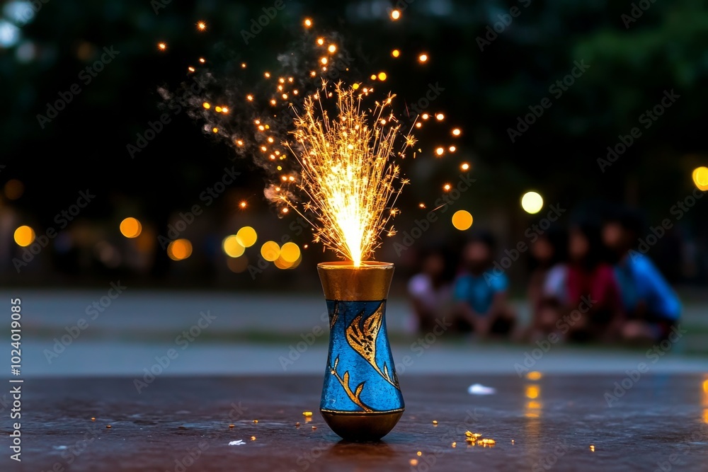 Handheld firecracker (fountain) spewing a steady stream of golden ...