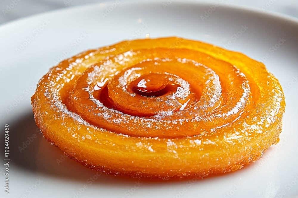 Minimal jalebi design, a single, golden spiral on a plain white surface ...