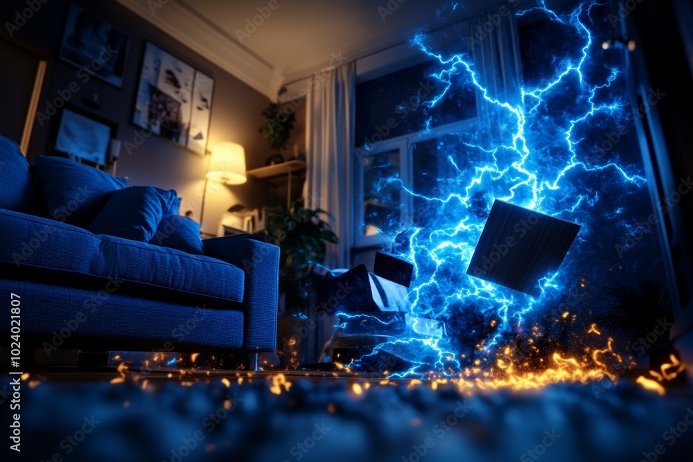 Poltergeist activity in a modern apartment, with furniture levitating ...