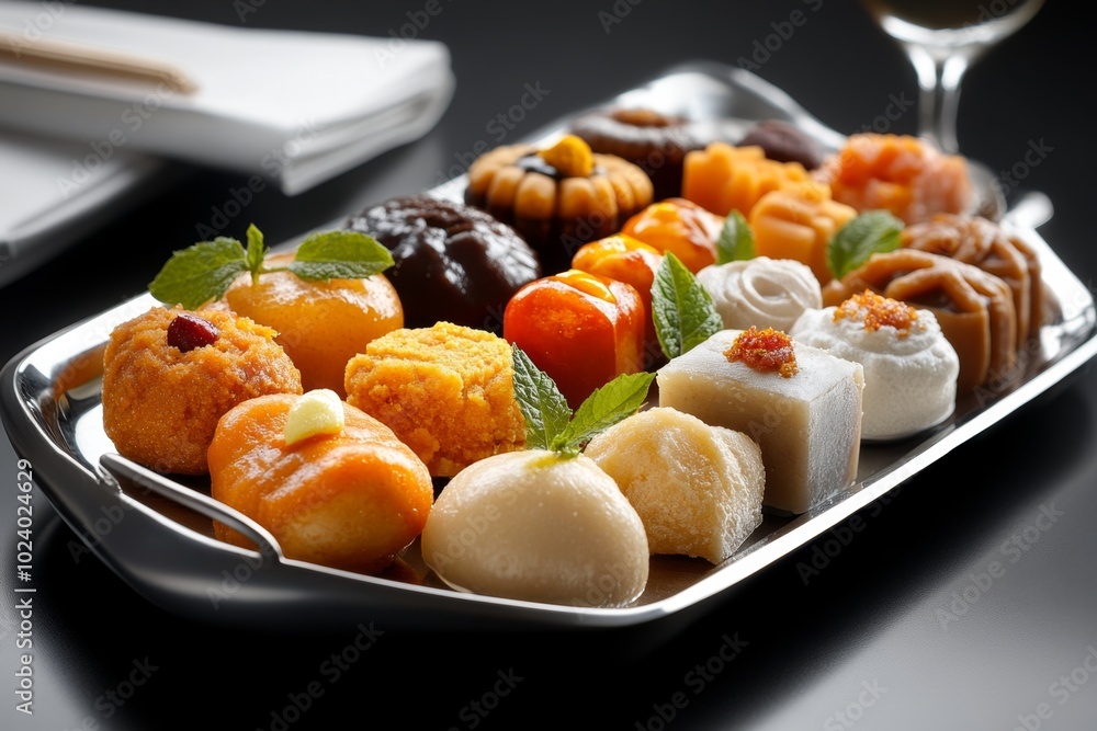 Traditional mithai thali filled with small portions of different sweets ...