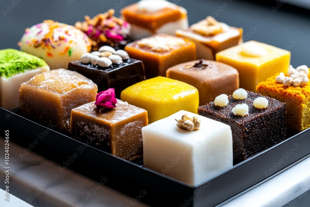 Traditional mithai thali filled with small portions of different sweets ...