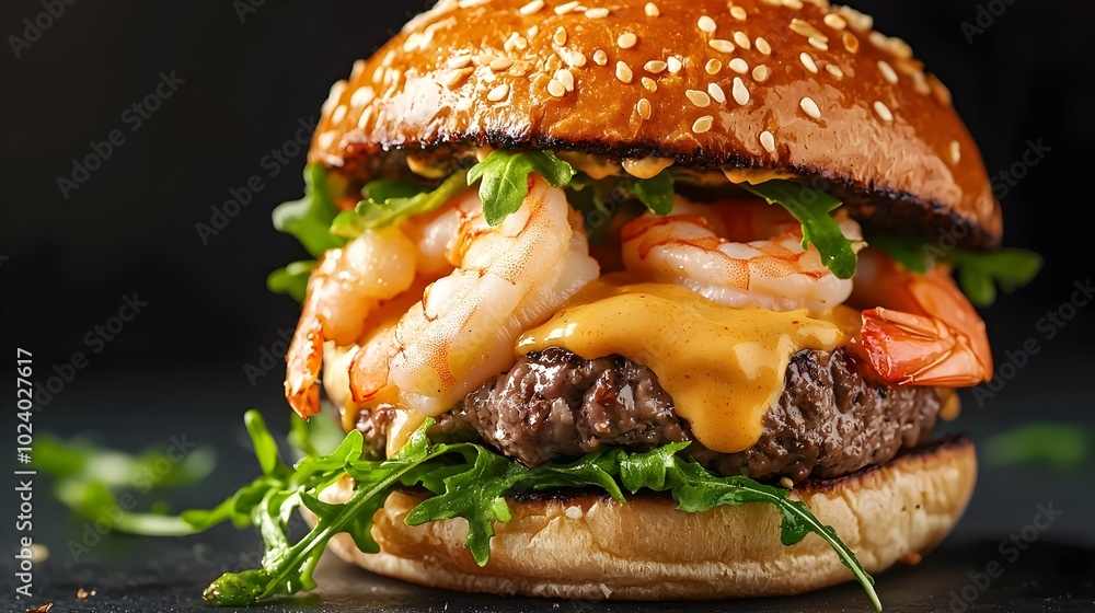 Juicy and mouthwatering surf and turf burger featuring beef melted ...