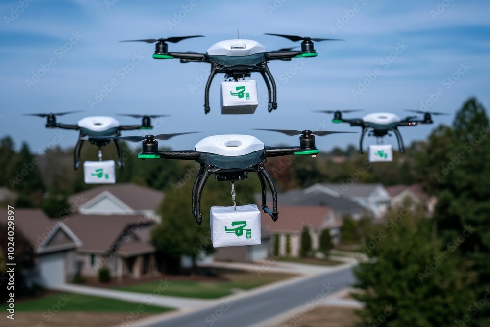 Autonomous drones delivering packages, with drones flying over neighborhoods and lowering ...