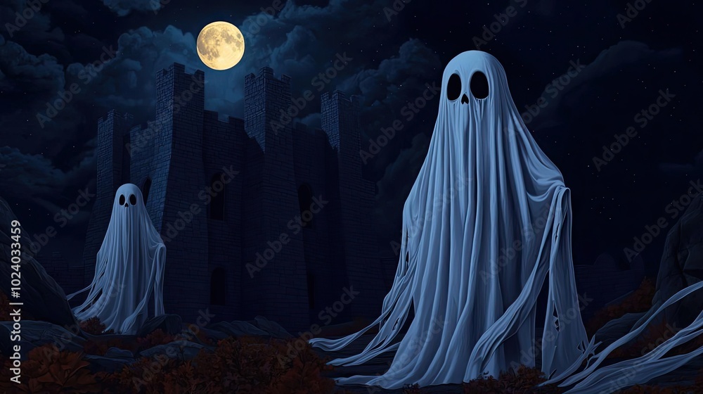 Eerie ghost figures shrouded in white sheets, illuminated by a full ...