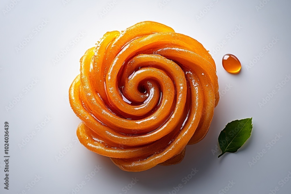 Minimal jalebi design, a single, golden spiral on a plain white surface ...