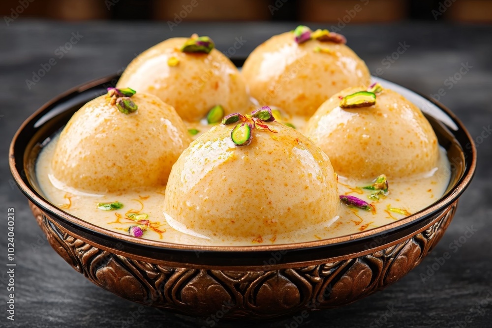 Soft, creamy rasmalai soaking in a pool of saffron-infused milk ...