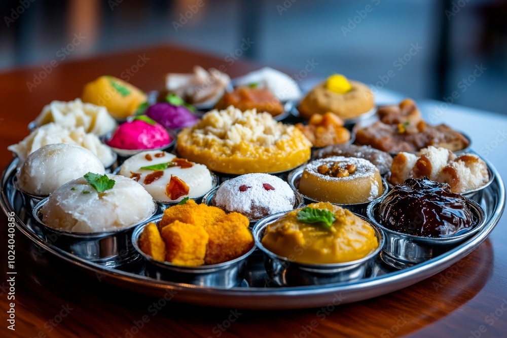 Traditional mithai thali filled with small portions of different sweets ...