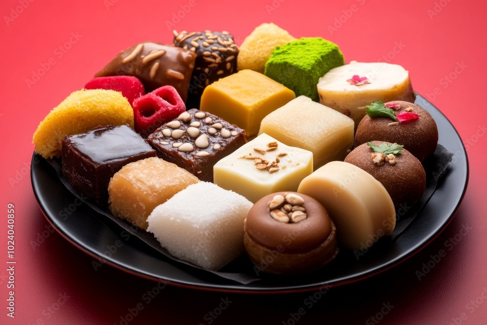 Traditional mithai thali filled with small portions of different sweets ...