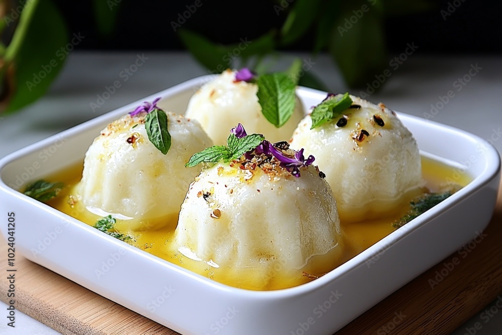 Watercolor depiction of rasgullas in syrup, the soft, white dessert ...