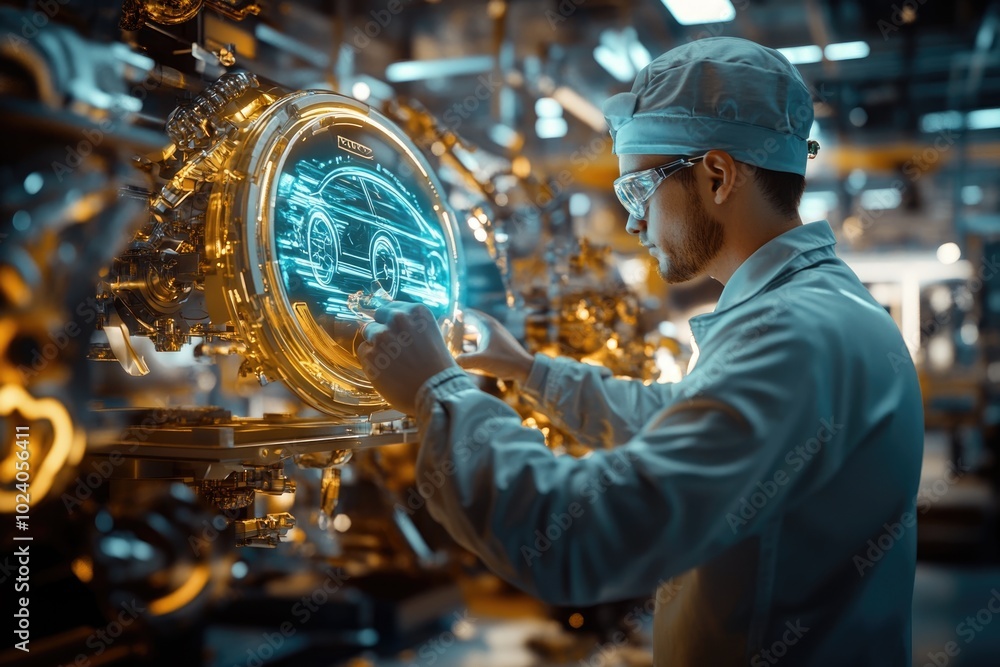 Very realistic and photographic photo of an engineer focused on a ...