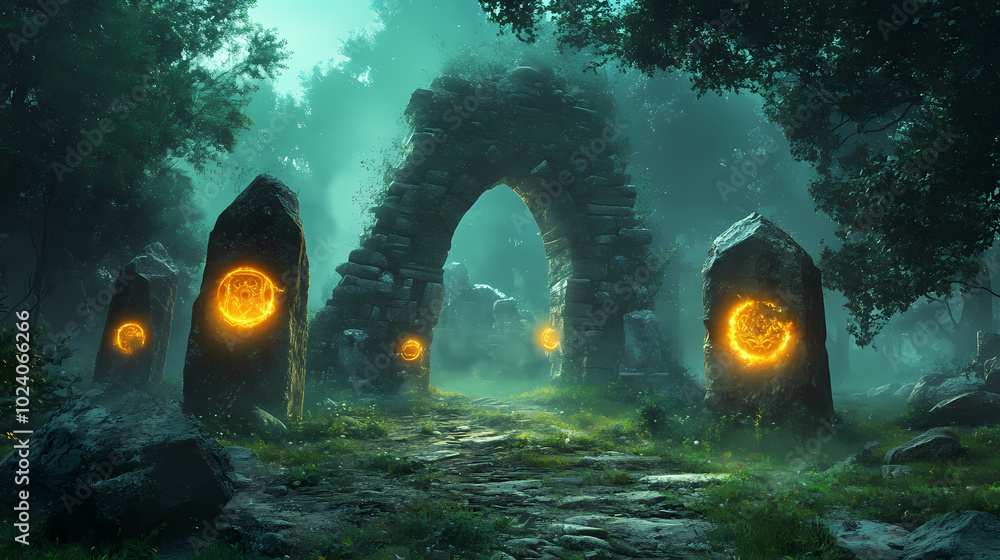 Runestones glowing in a temple archway ruin. fantasy landscape. Viking ...