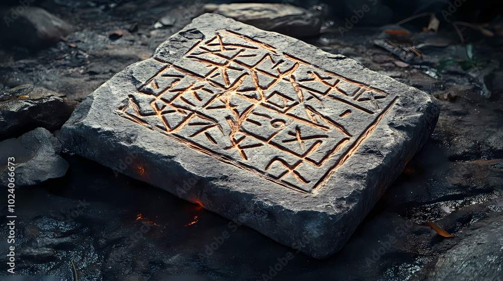 Runic tablet etching, highlighting the ancient art of inscribing runes ...