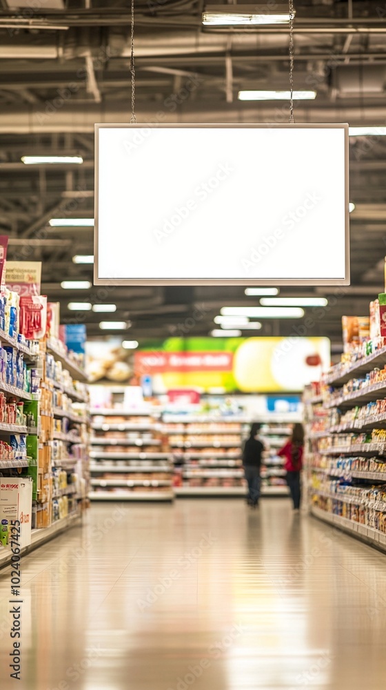 Supermarket aisle with fully stocked shelves and a large blank white ...