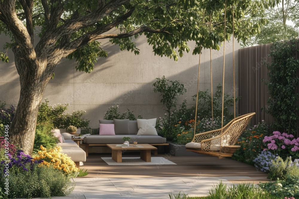 Exterior living area behind a wall with furniture, swing and garden ...