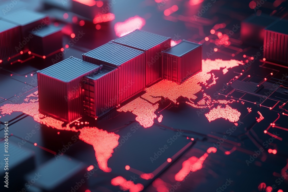 Digital representation of global shipping logistics with glowing red ...
