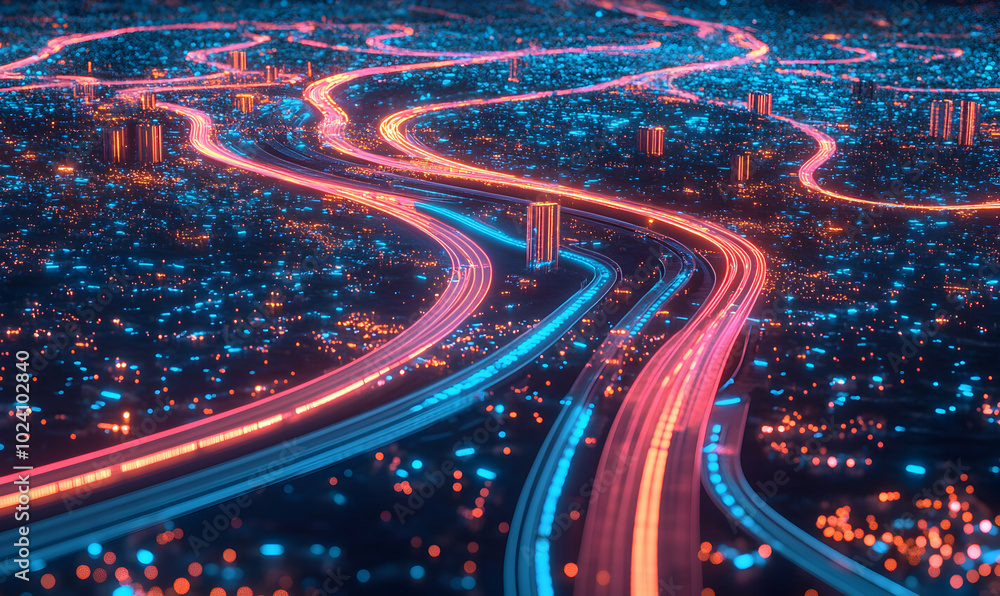 An abstract aerial view of a city at night, illuminated by neon-colored ...