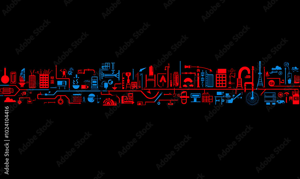 Red and blue icons arranged in a horizontal line on a black background ...