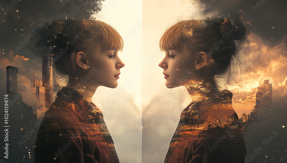 A series of diptych images showing the same person in two different ...