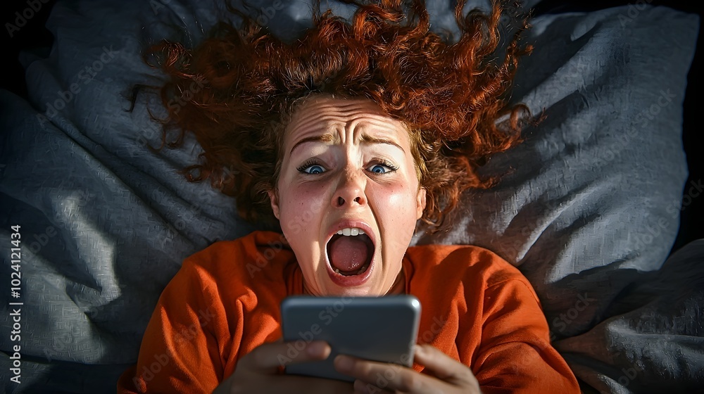 Weary Woman Scrolling Social Media in Bed at Night with Cybernetic ...