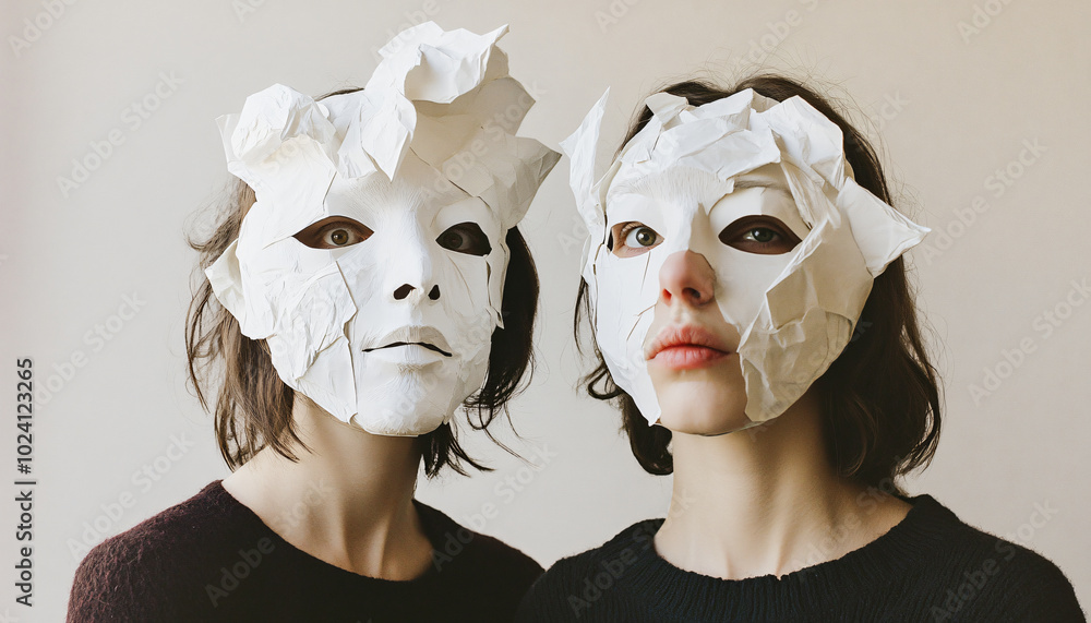 Photograph people wearing masks made from paper, with the masks ...