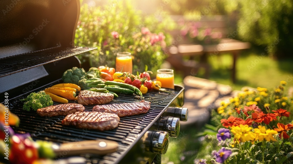 Summer Barbecue Grill Party with Steaks and Vegetables in Outdoor ...