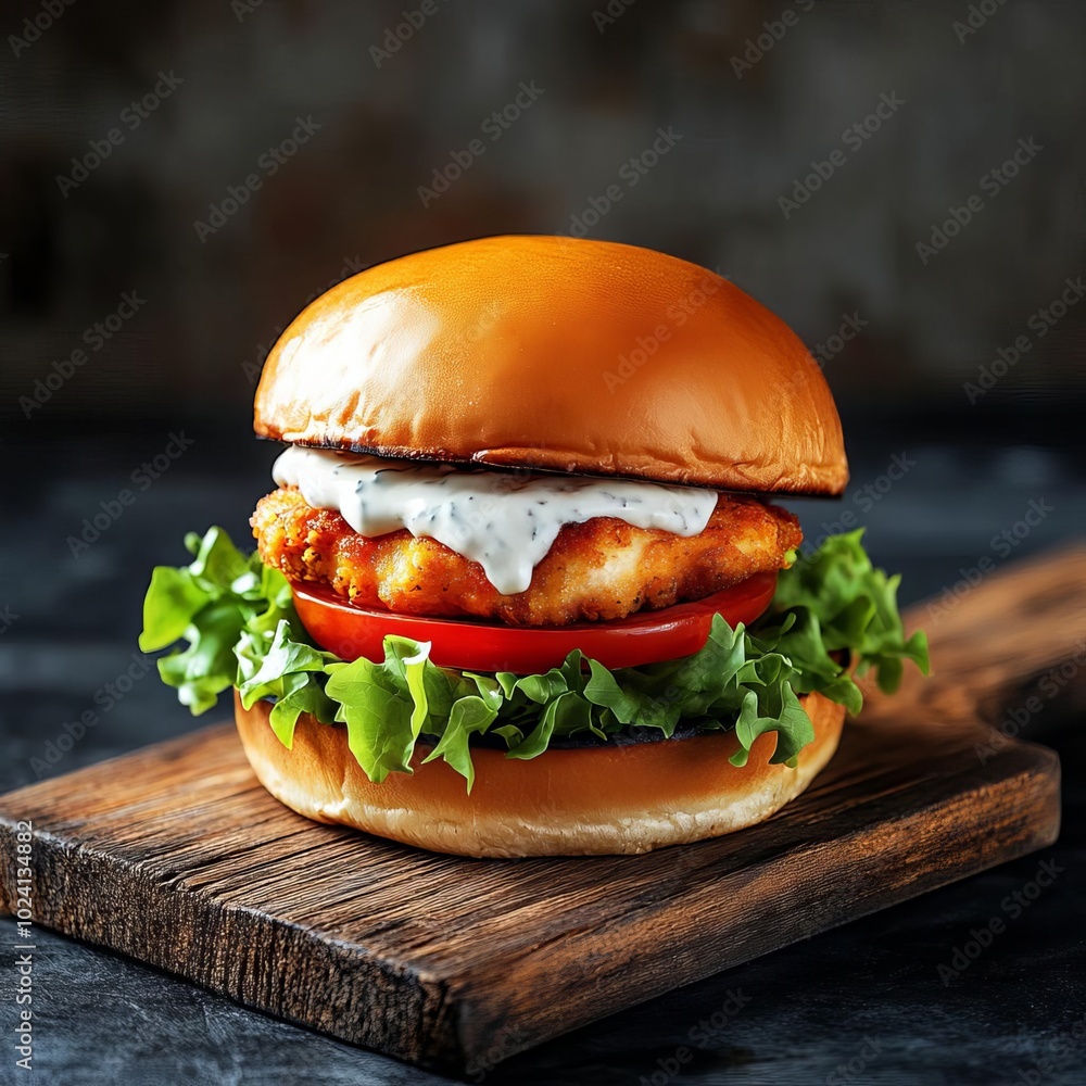 Crispy chicken burger with lettuce, tomato, and special sauce, wrapped ...