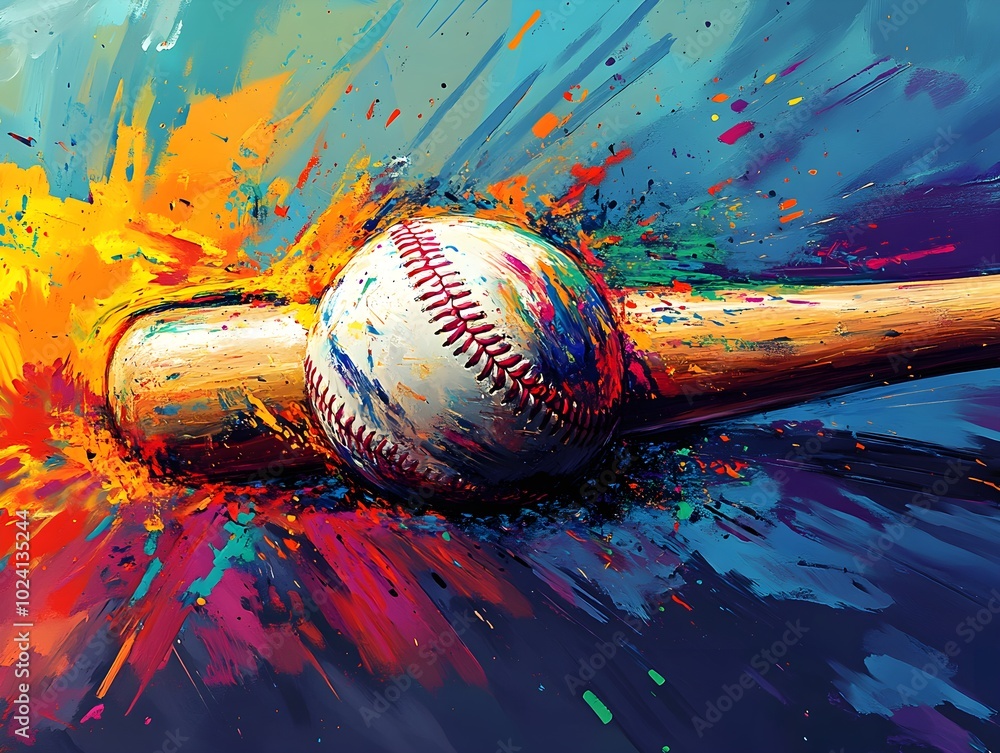 Artistic baseball bat and ball covered in bright paint splashes ...
