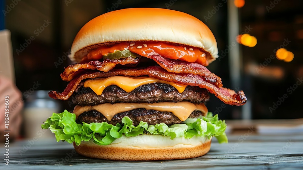 Double-stacked beef burger with crispy bacon, lettuce, and special ...