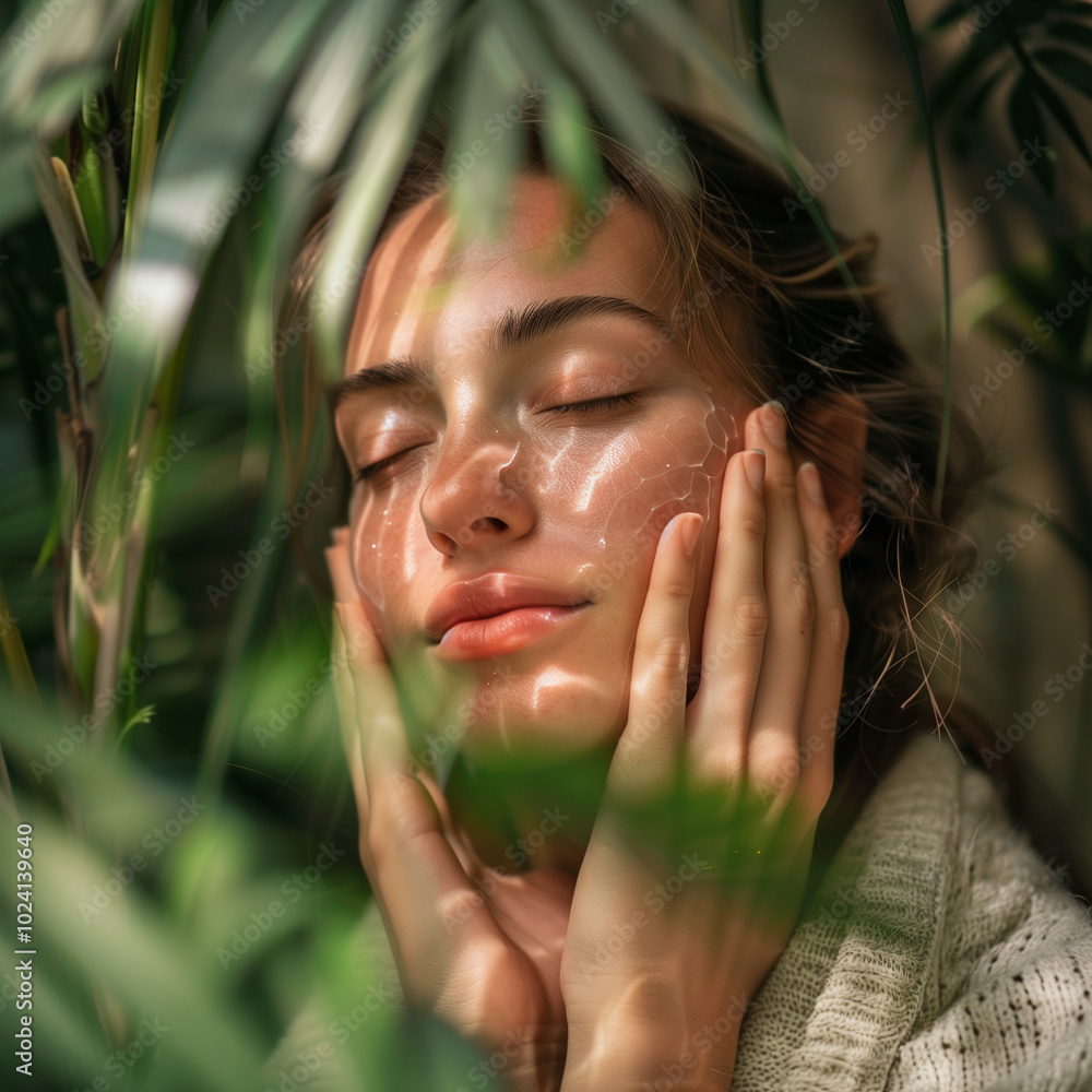 beautiful woman with smooth, natural skin is surrounded by tropical ...