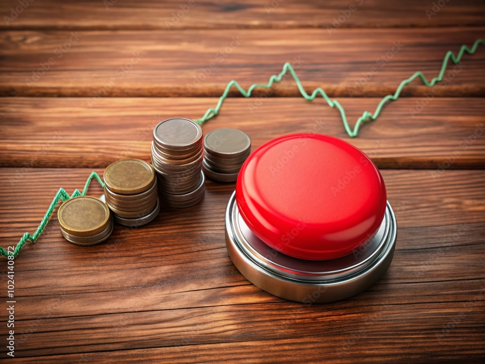 Red Stop Reset Button with Coins Graph Chart Signifying Economic Crisis ...