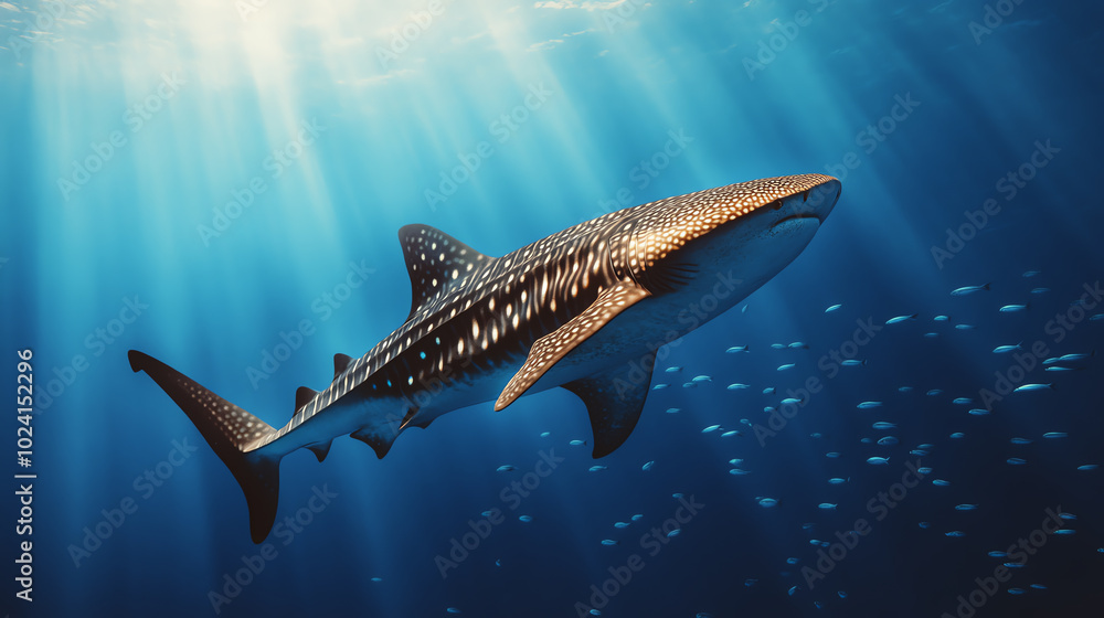 A majestic whale shark swims gracefully underwater, surrounded by ...
