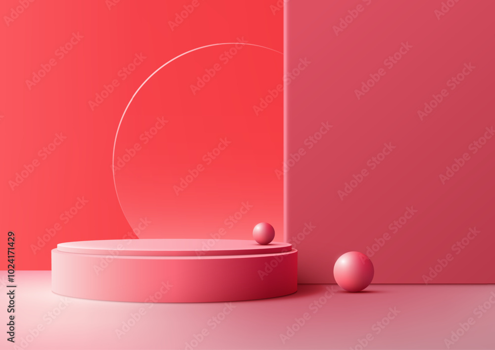 Minimalist Pink Podium with Two Spheres on a Red Background, Modern Product Display with Soft ...