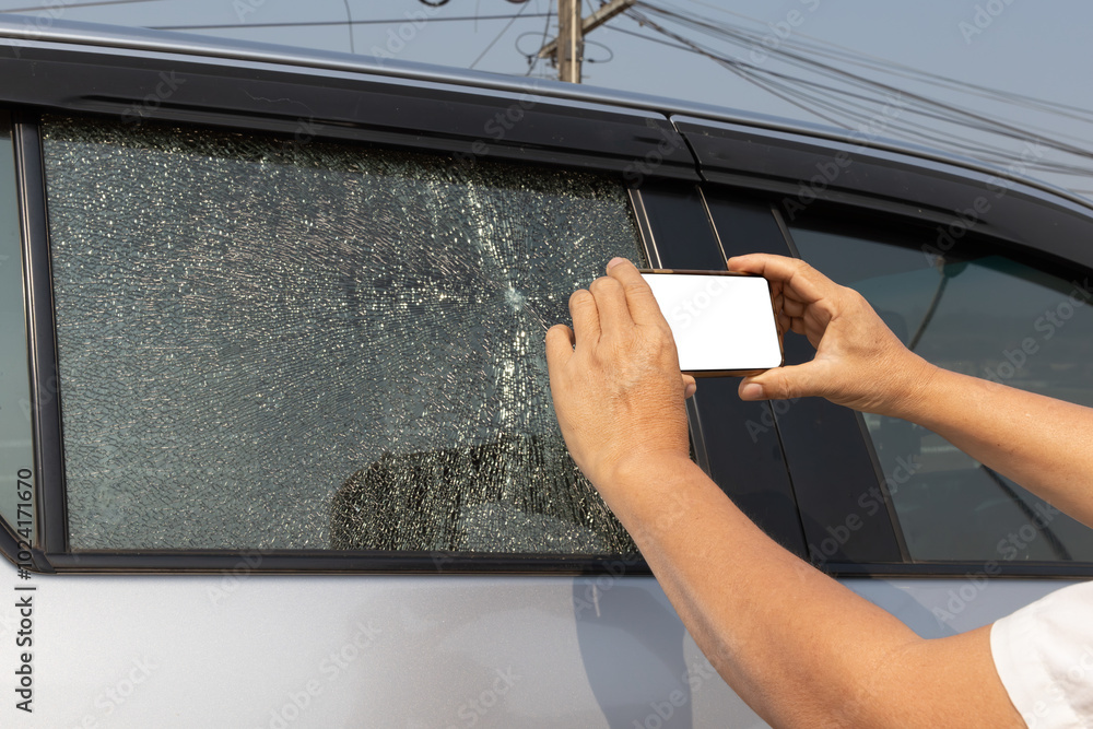 Cracked side car window glass on road . Damaged car window. .Car ...