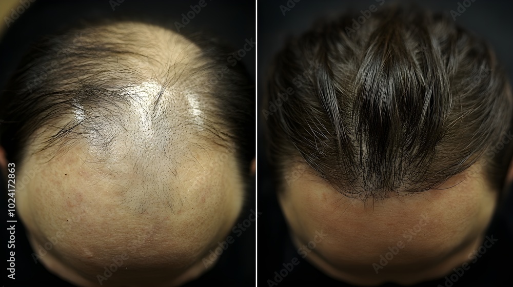 Before-and-after scalp images, showing the visible results of hair ...