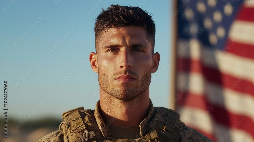 Soldier standing at attention before the American flag, illuminated by ...