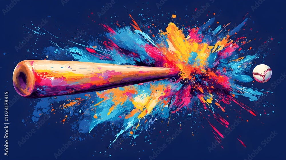 Explosive colorful paint bursting from a baseball bat striking a ball ...